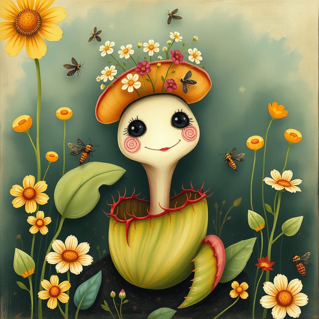 Harmless? - Whimsical Folk Art Scene with Venus Flytrap