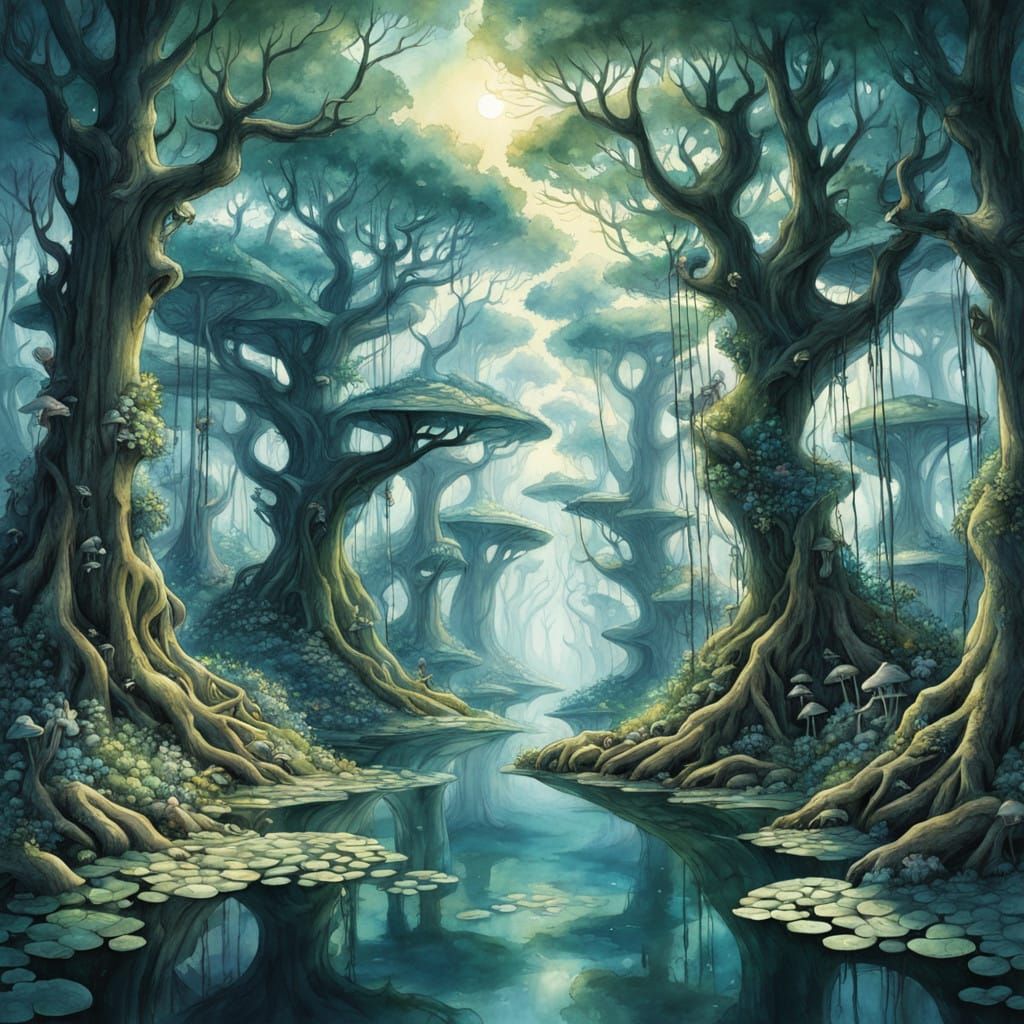 a vast fey forest with lot´s of colourful trees, a lagoon and a big ...