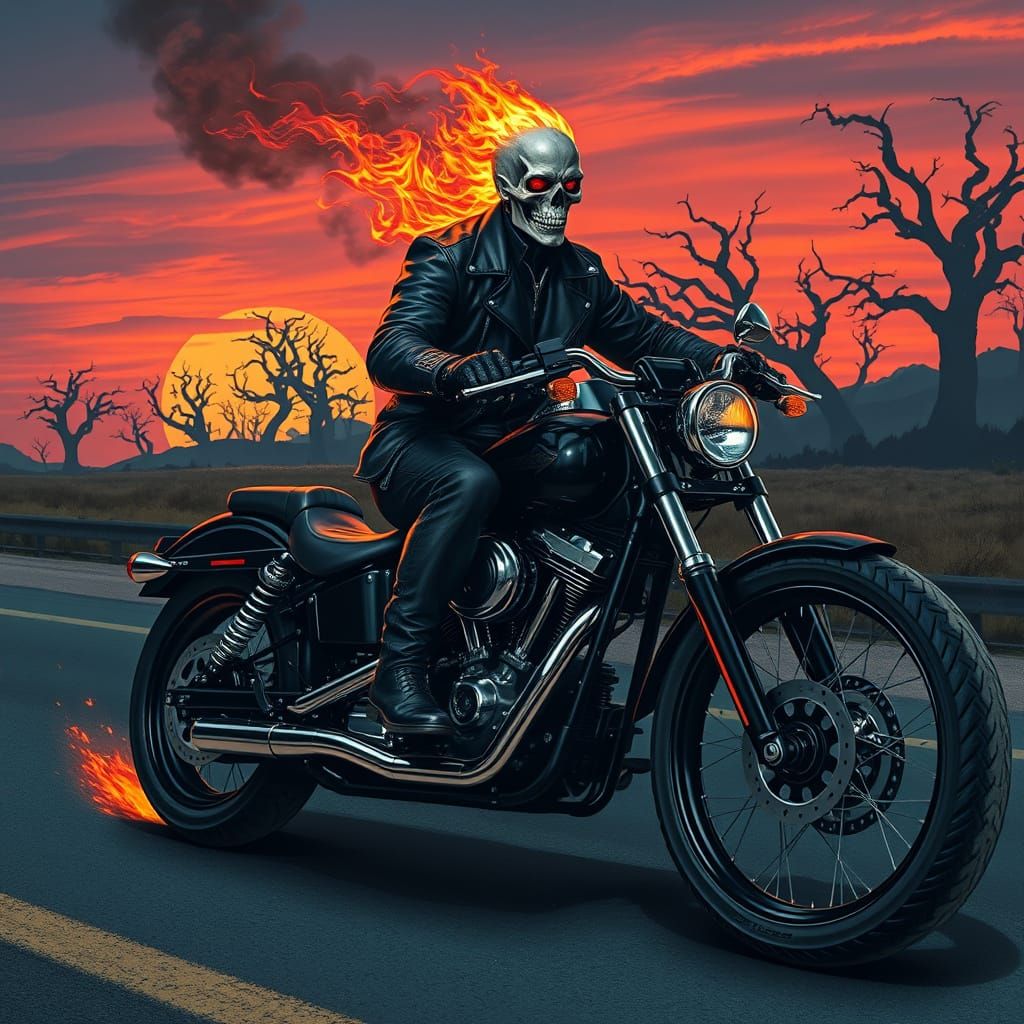 Skeletal Biker Rides Harley in Hellish Sunset - AI Art