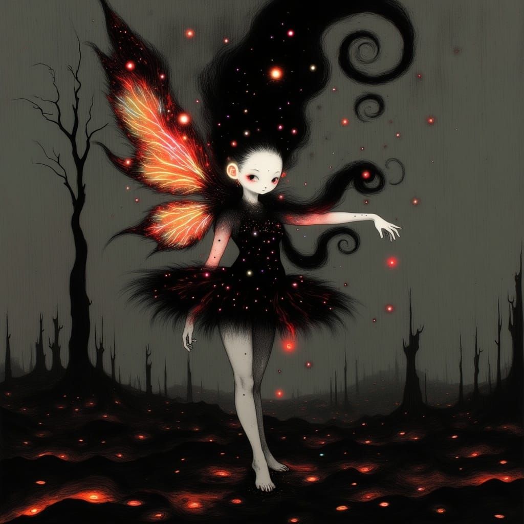 fire sprite - Fiery Sprite in Ballet Pose Amidst Charred Lan...