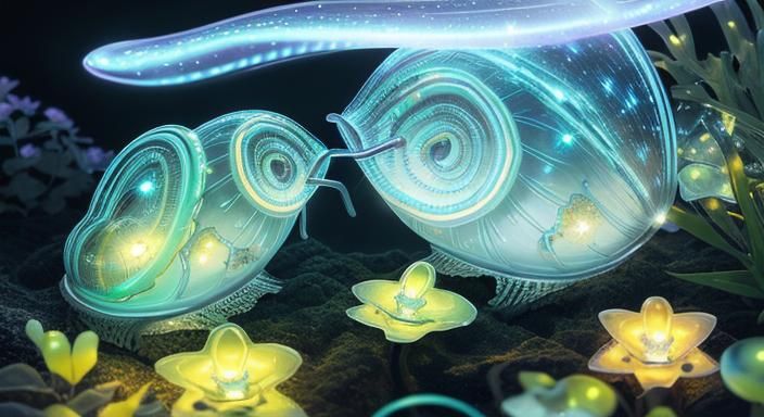 (transparent:1.5) glass snail shell filled with (bioluminescent:2 ...