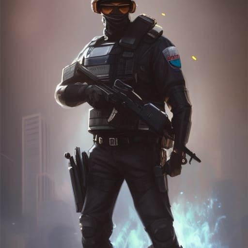 tactical cyberpunk cop wearing a riot helmet and holding a pistol in ...