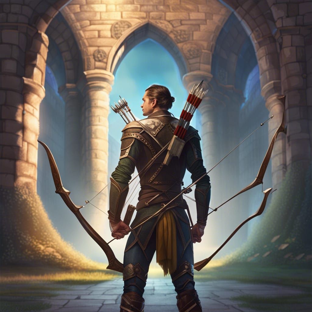 a male human archer standing in front of a castle, he is holding a long ...