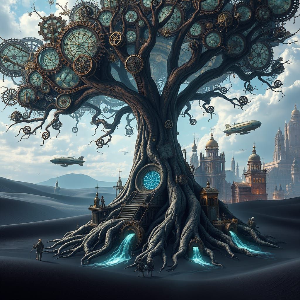 Ancient Steampunk Tree Rises from Black Sand Deser... - AI Art