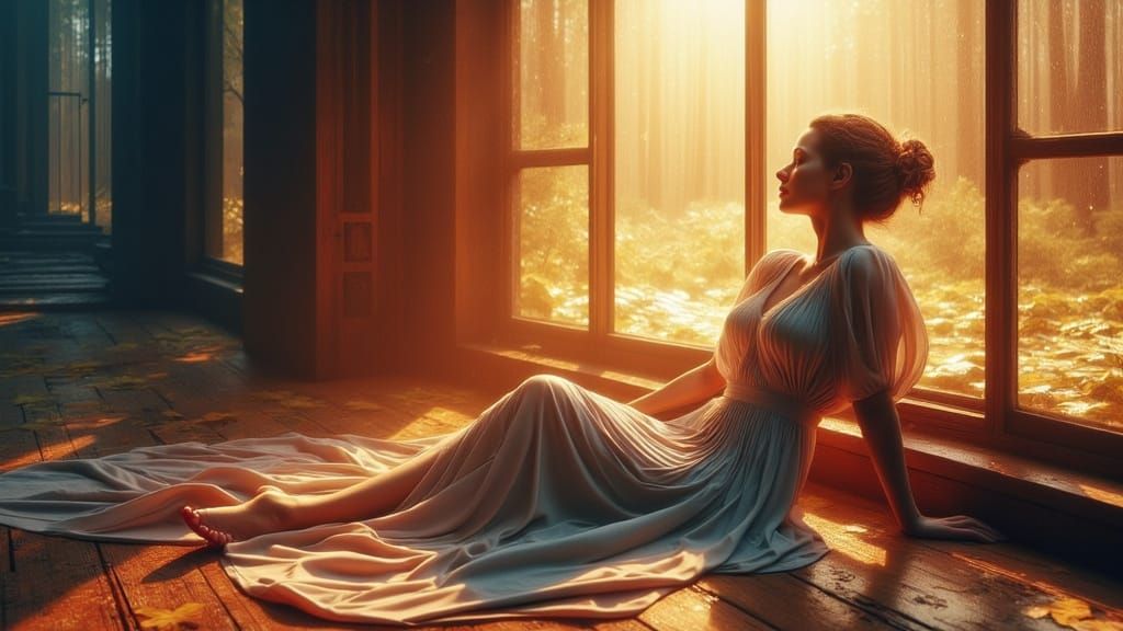 Elegant Woman in Flowing Gown, Contemplating in a ... - AI Art