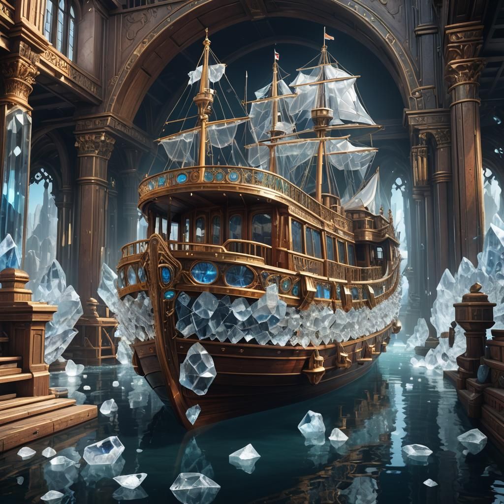 A large boat made of crystals with strong windows A dock for people to ...