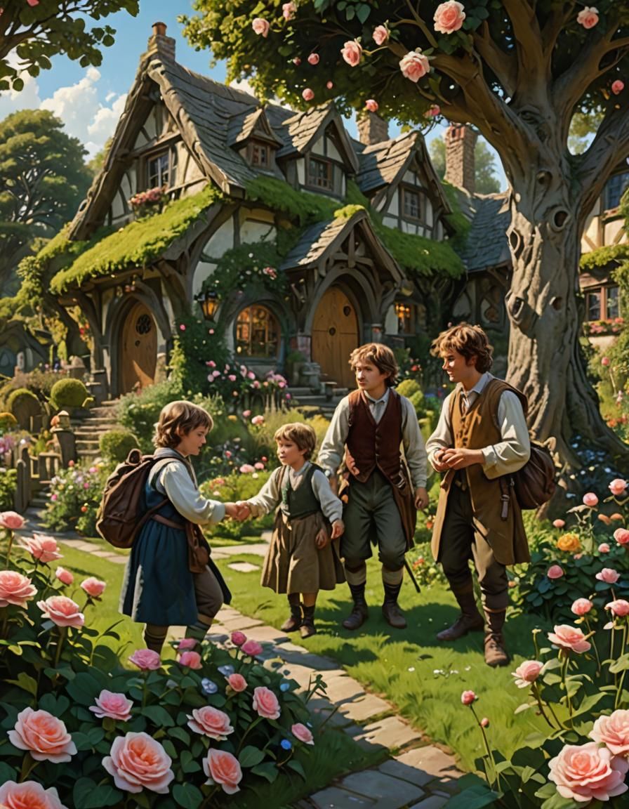 family of hobbits living in the shire, chilldren playing in rose garden ...
