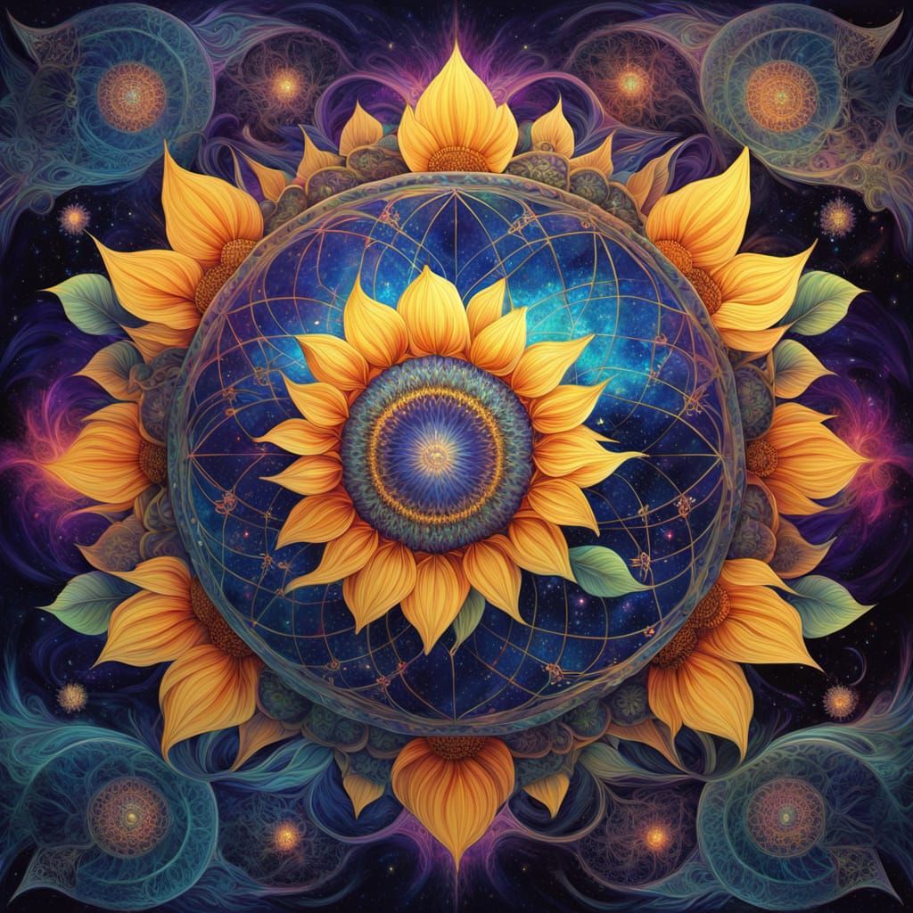 Cosmic Sunflowers in Vibrant, Iridescent Hues - AI Art
