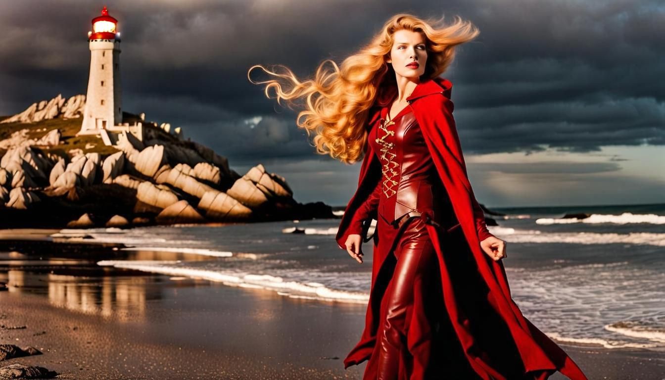 Young lady in red leather riding habit taking an evening stroll near ...