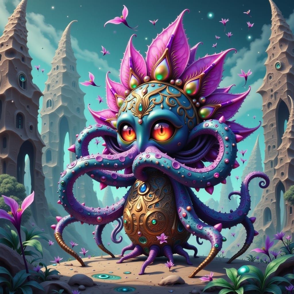 Dreamlike Aztec Spider-Octopus in Vibrant, Iridesc... - AI Art