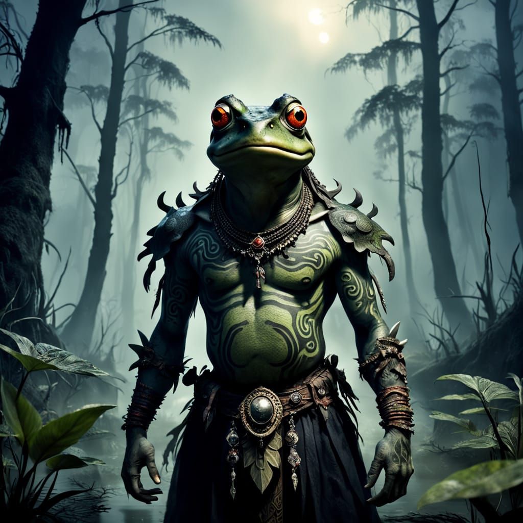 an anthropomorphic frog - Mystical Frog Warrior in Dark Tr...