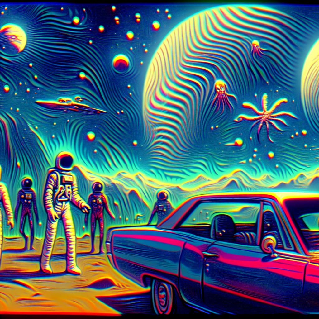 Vibrant 1970s Sci-Fi Pulp Cartoon Scene with Disto... - AI Art