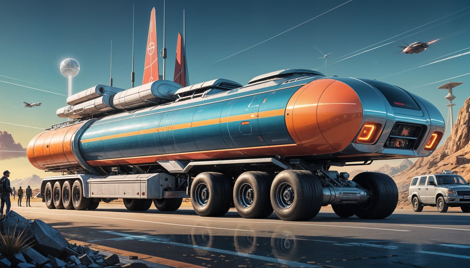 Semi-futuristic technical illustration. Outside ground level view. A ...