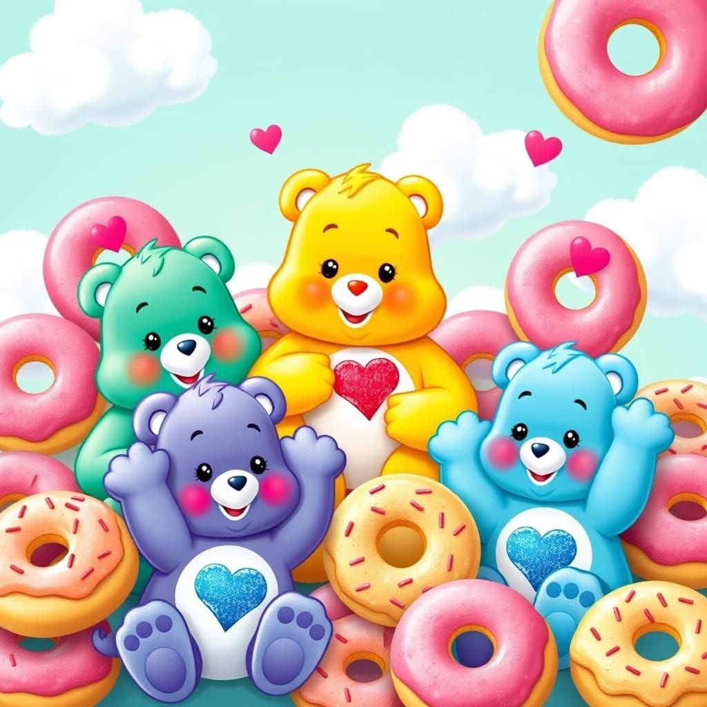 Care Bears And Donuts - Colorful Care Bears Enjoy Donuts in...
