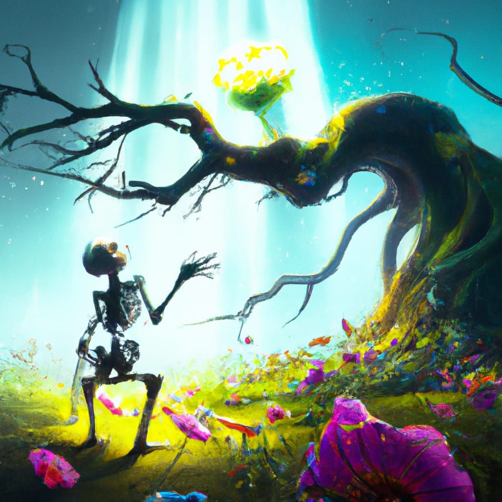 A teaching skeleton having flowers growing over it. bioluminescent ...