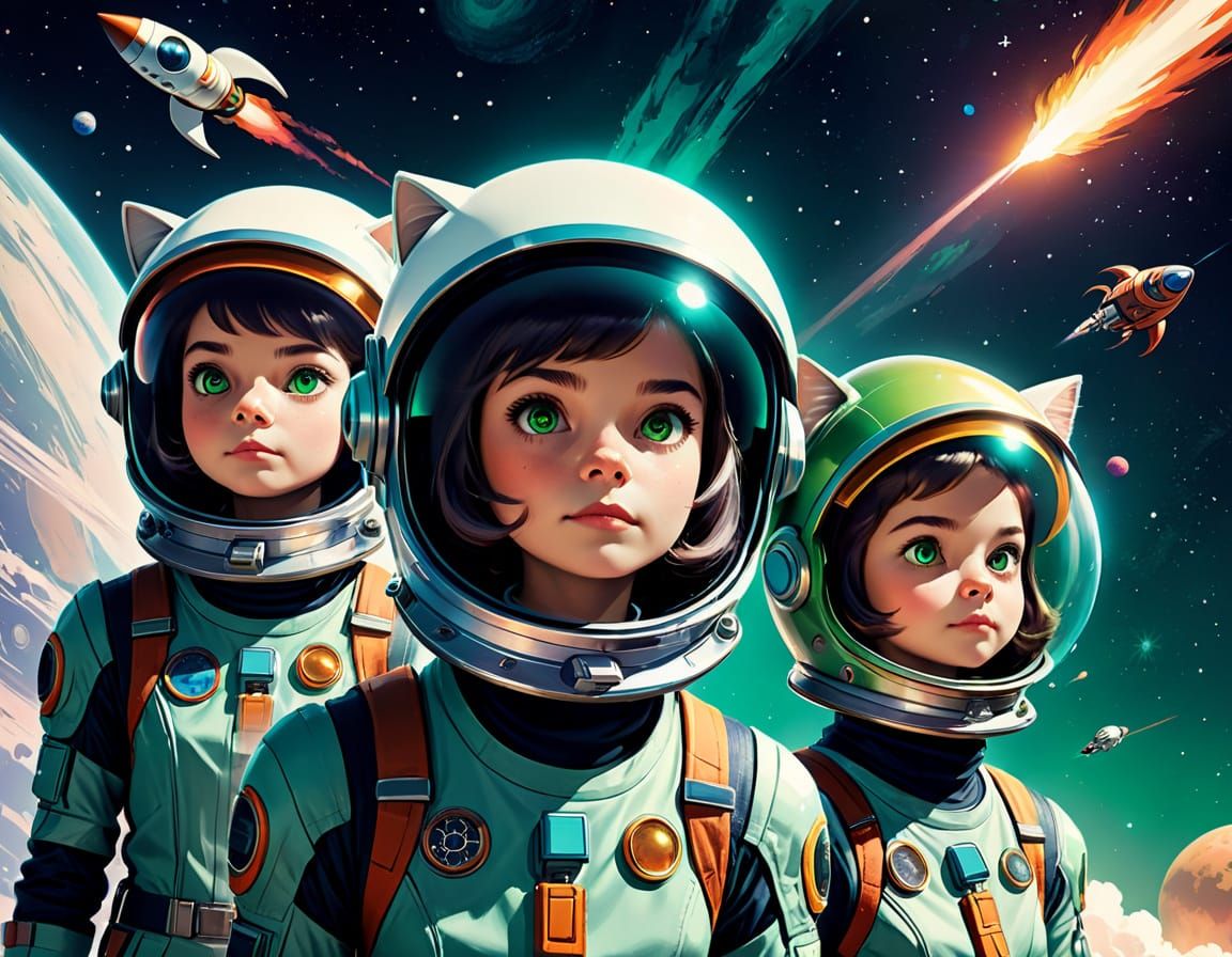 Surreal Retro-Futuristic Cats Blast Off in Space - AI Art
