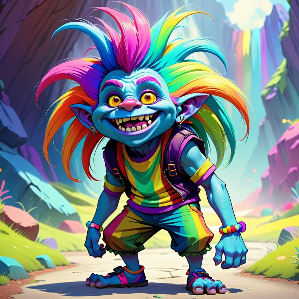 Vibrant, rainbow-haired troll, wearing a colorful outfit, posing in a ...