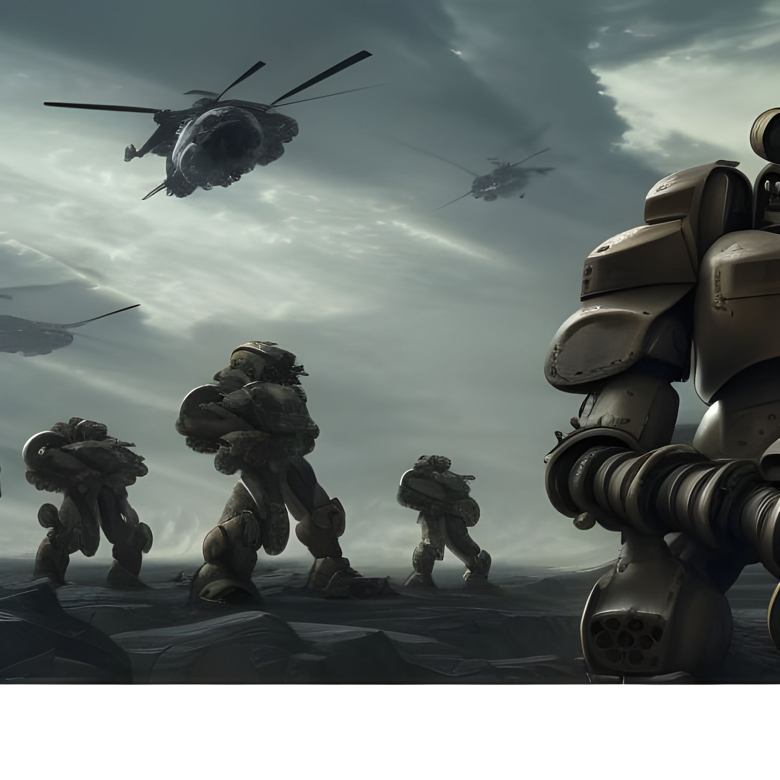 A squadron of 5 power armor, dusk, 4k, realistic, heavy gear, anime ...