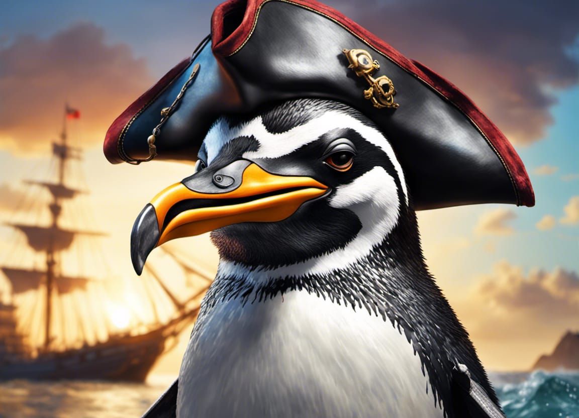 Pirate Penguinewith a pirate ship at sunset : r/nightcafe