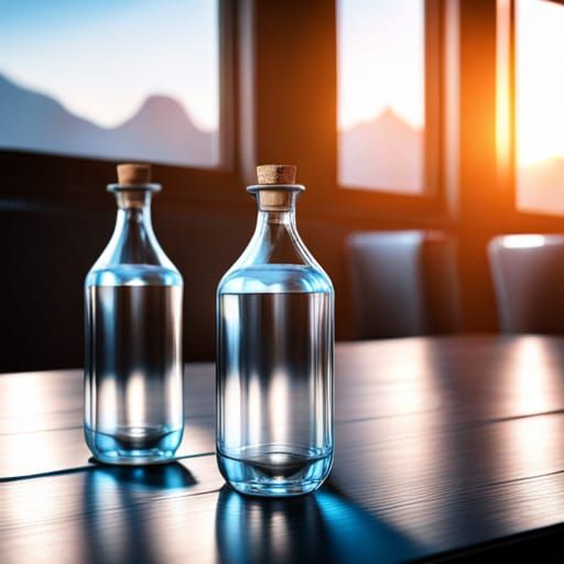 Some bottles of water on the table. Unreal engine, detailed painting ...