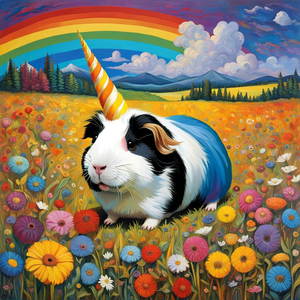 A Calico (Guinea Pig with unicorn horn: 2.0) in a rainbow-colored meadow, flowers by H.R. Giger ...