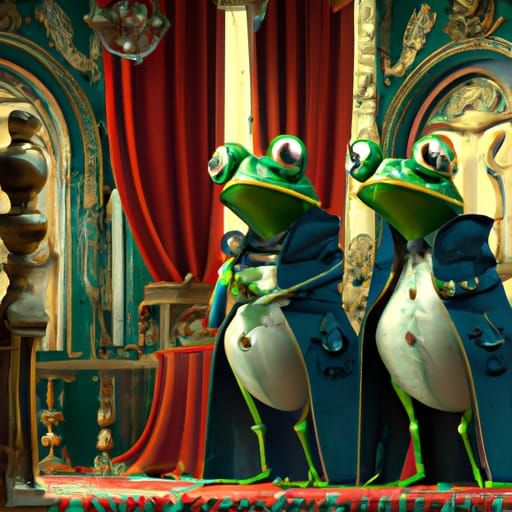 male and female green frogs wearing sun glasses and tuxedos at an opera ...