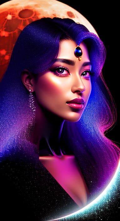 Ethereal Lady Shines Under Holographic Moonlight - AI Art