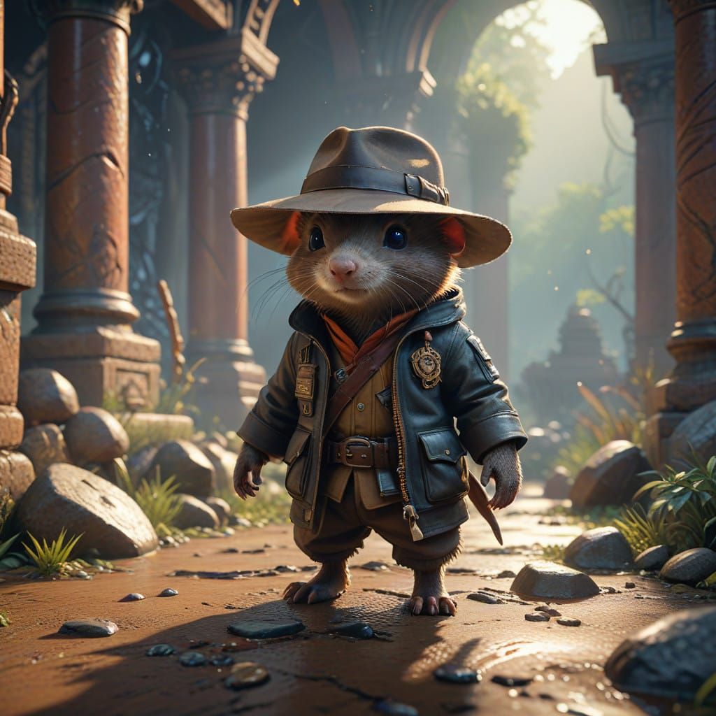 A baby hyperdetailed hyper-realistic adventurous mole dressed like ...