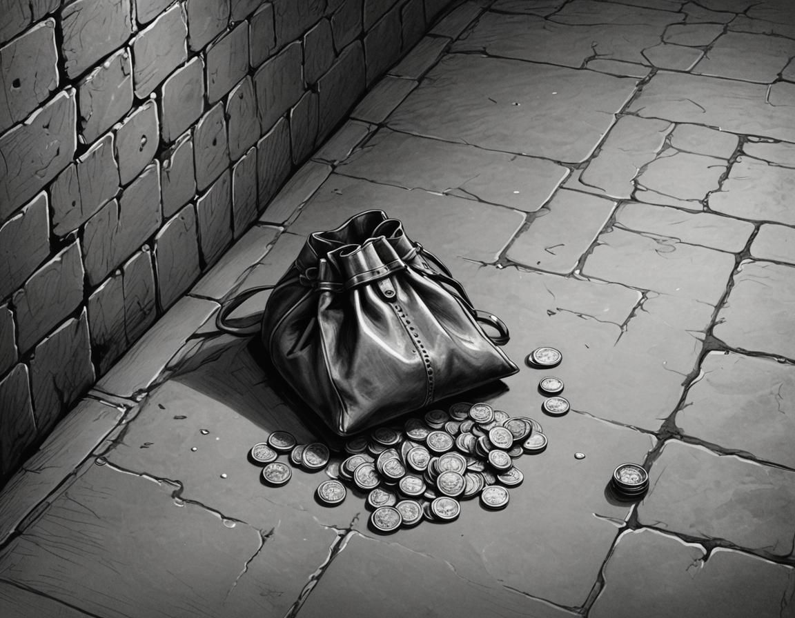 a sketch of a coin pouch on the floor in a medieval fantasy dungeon in ...