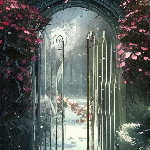 Icicles, garden gate, flowers, icicles - AI Generated Artwork - NightCafe Creator