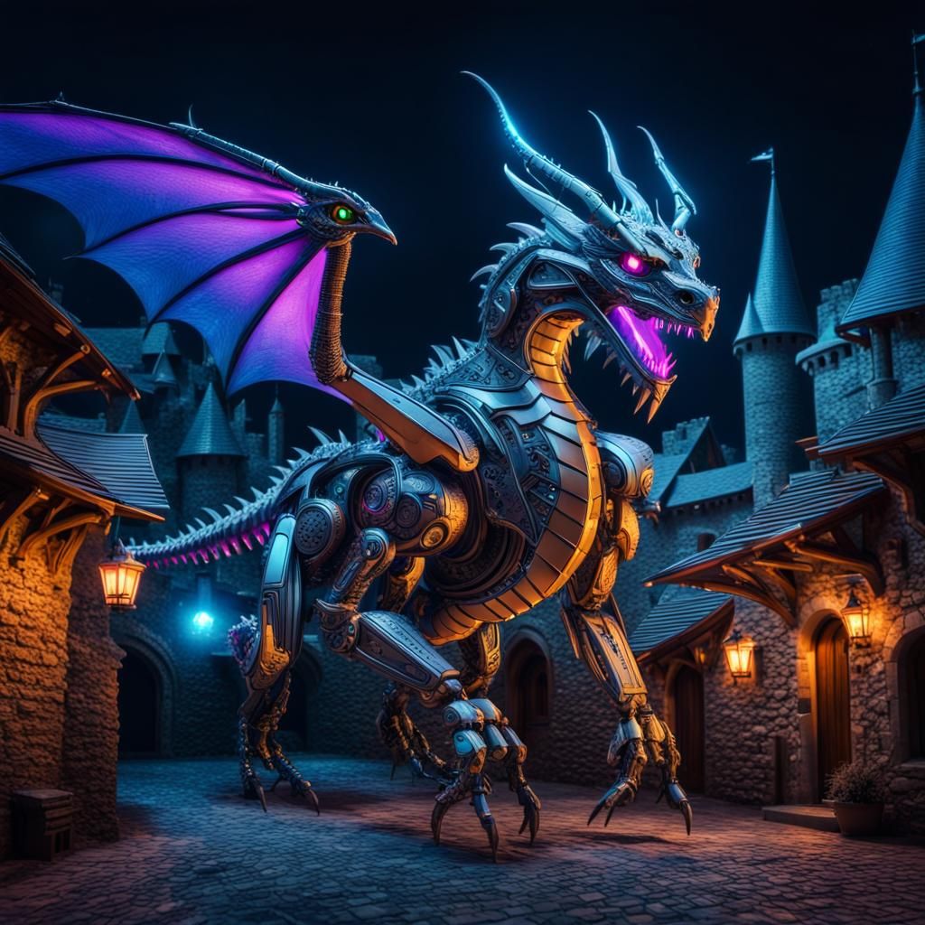 futuristic robot dragon flying through a futuristic medival village ...