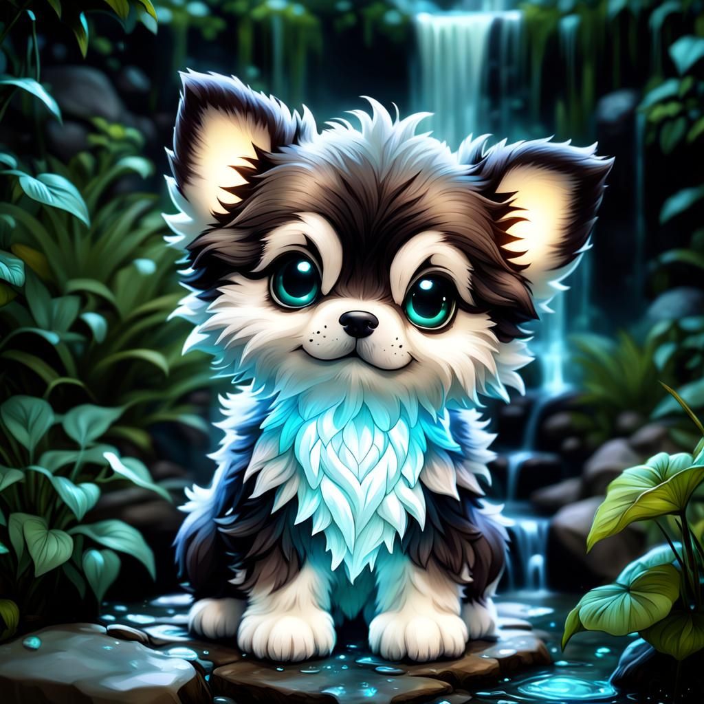 adorable cute chibi baby furry Puppy with a bioluminescent Waterfall in ...