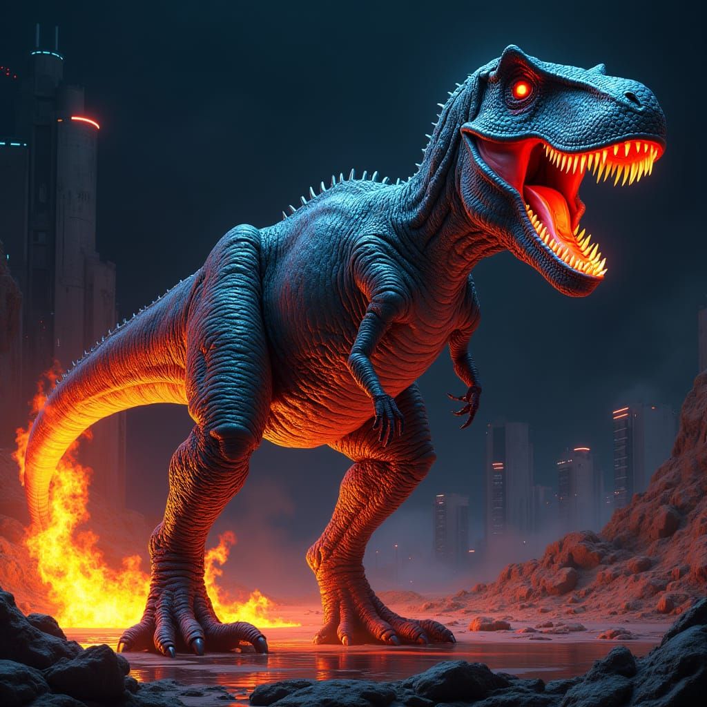 Cyberpunk Tyrannosaurus Rex with Blazing Inferno - AI Art