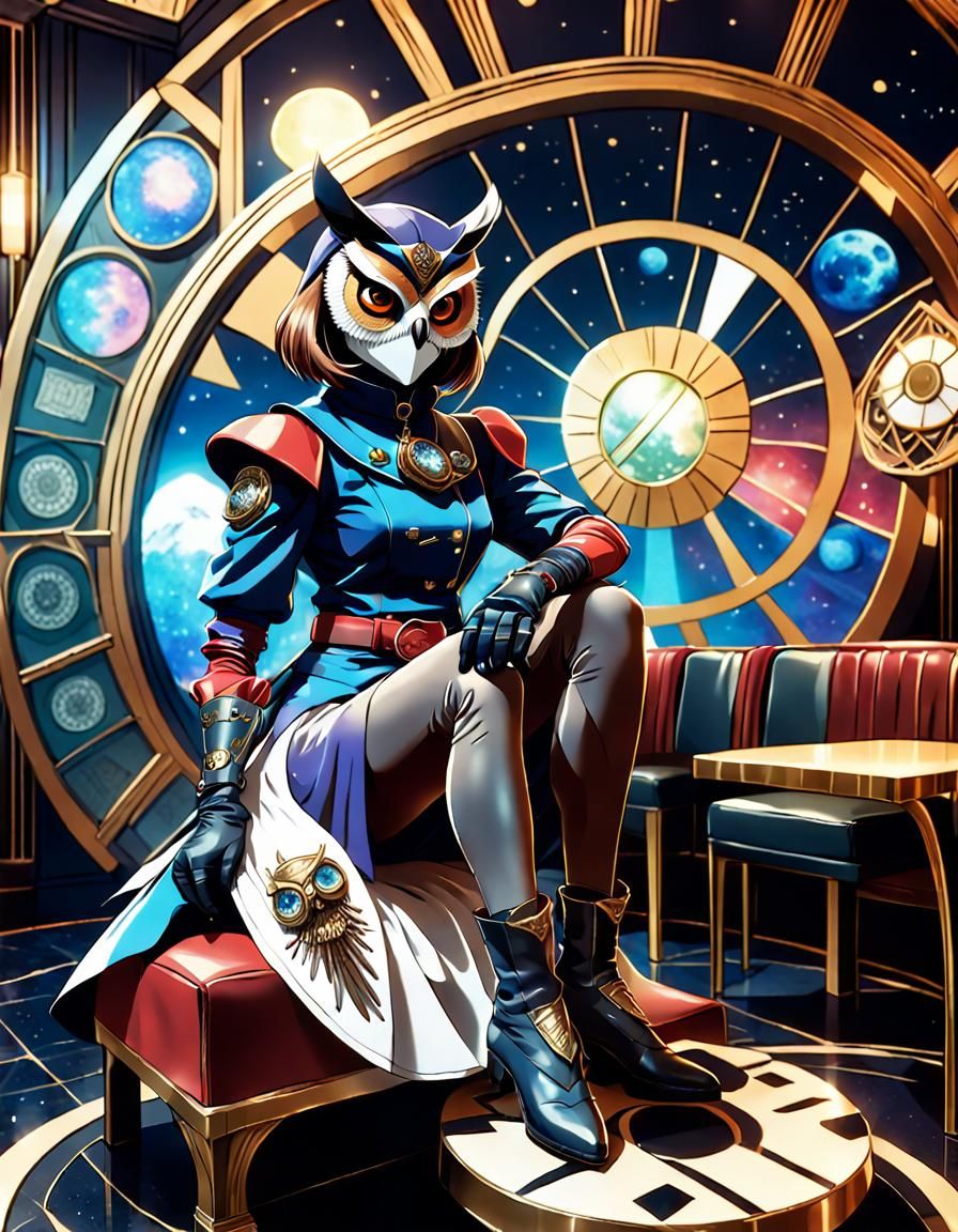 A sociopathic woman with a victorian owl mask sitting in a cosmic hotel ...