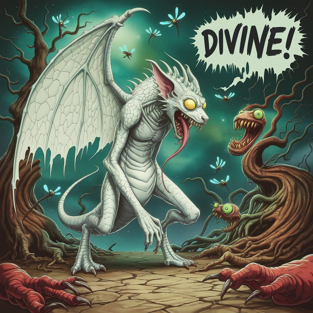 A surreal tall scrawny decrepit angry snarling hybrid humanoid part ...