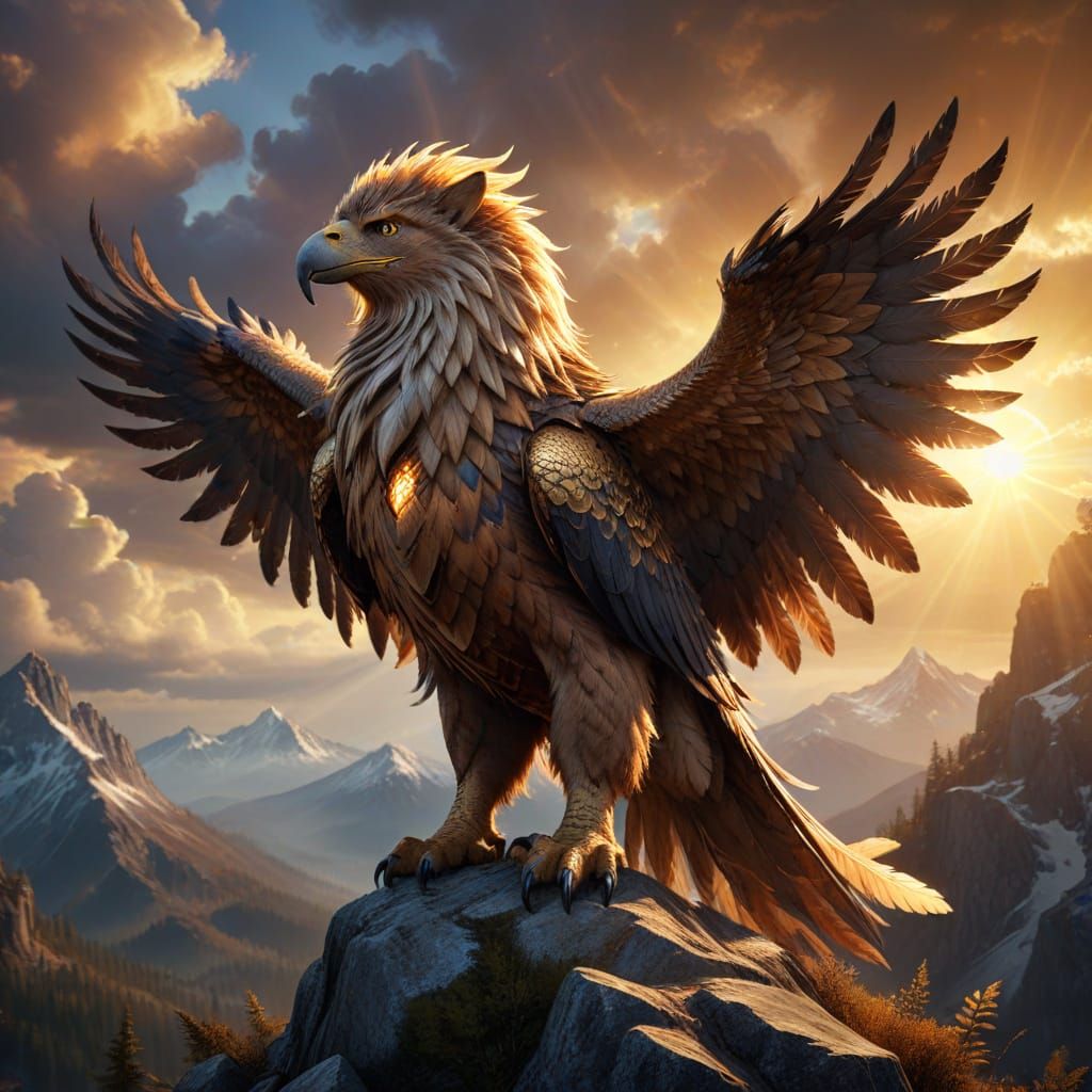 Mythical, mounts creature - Majestic Griffin Sits atop a Mou...