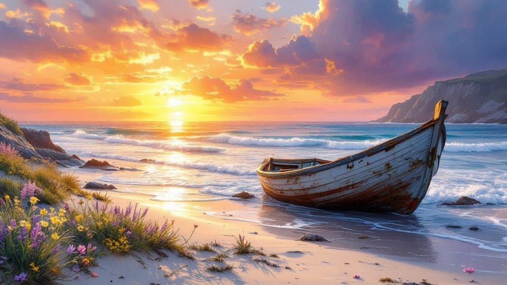 Sunset Beach in Springtime - Worn Sailboat Amidst Vibrant Sp...