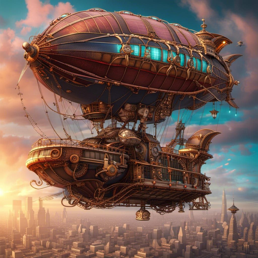 a flying airship that is propelled by elemental magic, in the style of ...