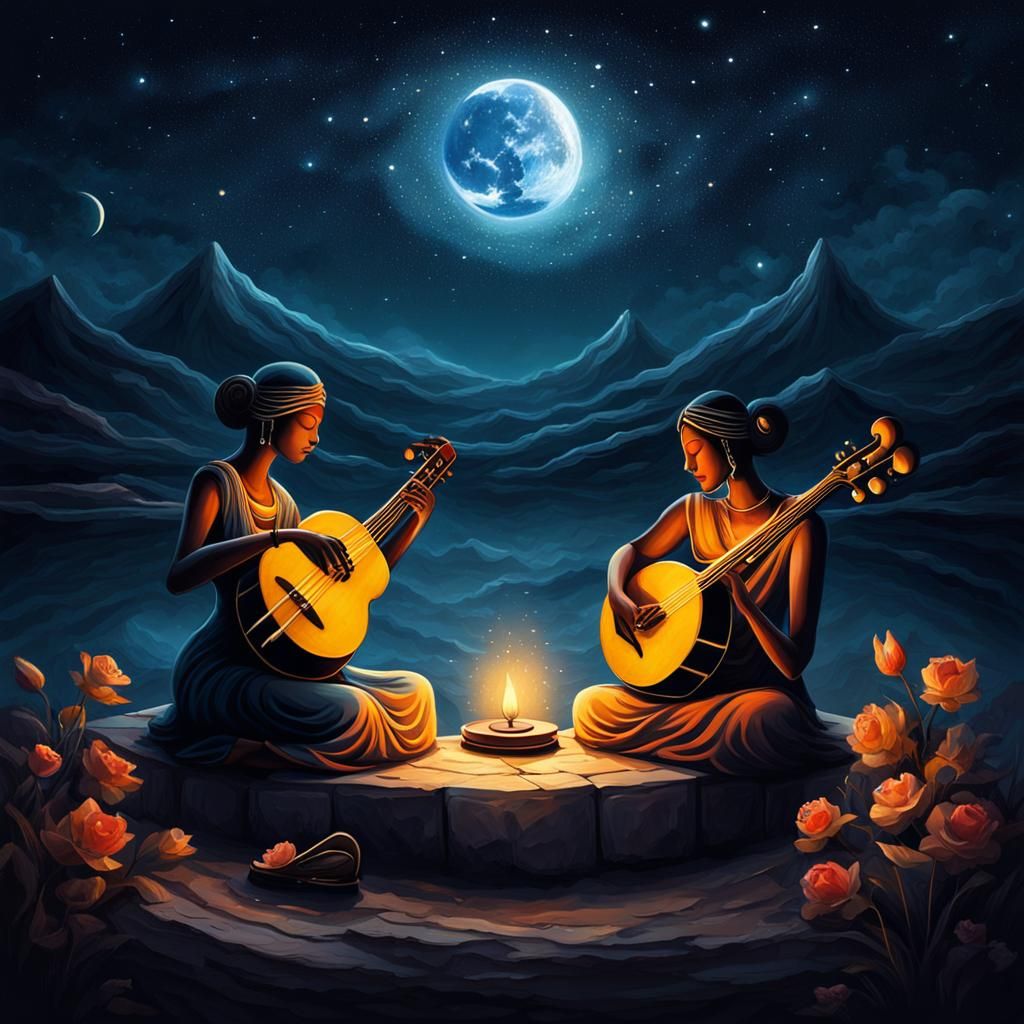 This image sees two people who are both living beings and musical ...