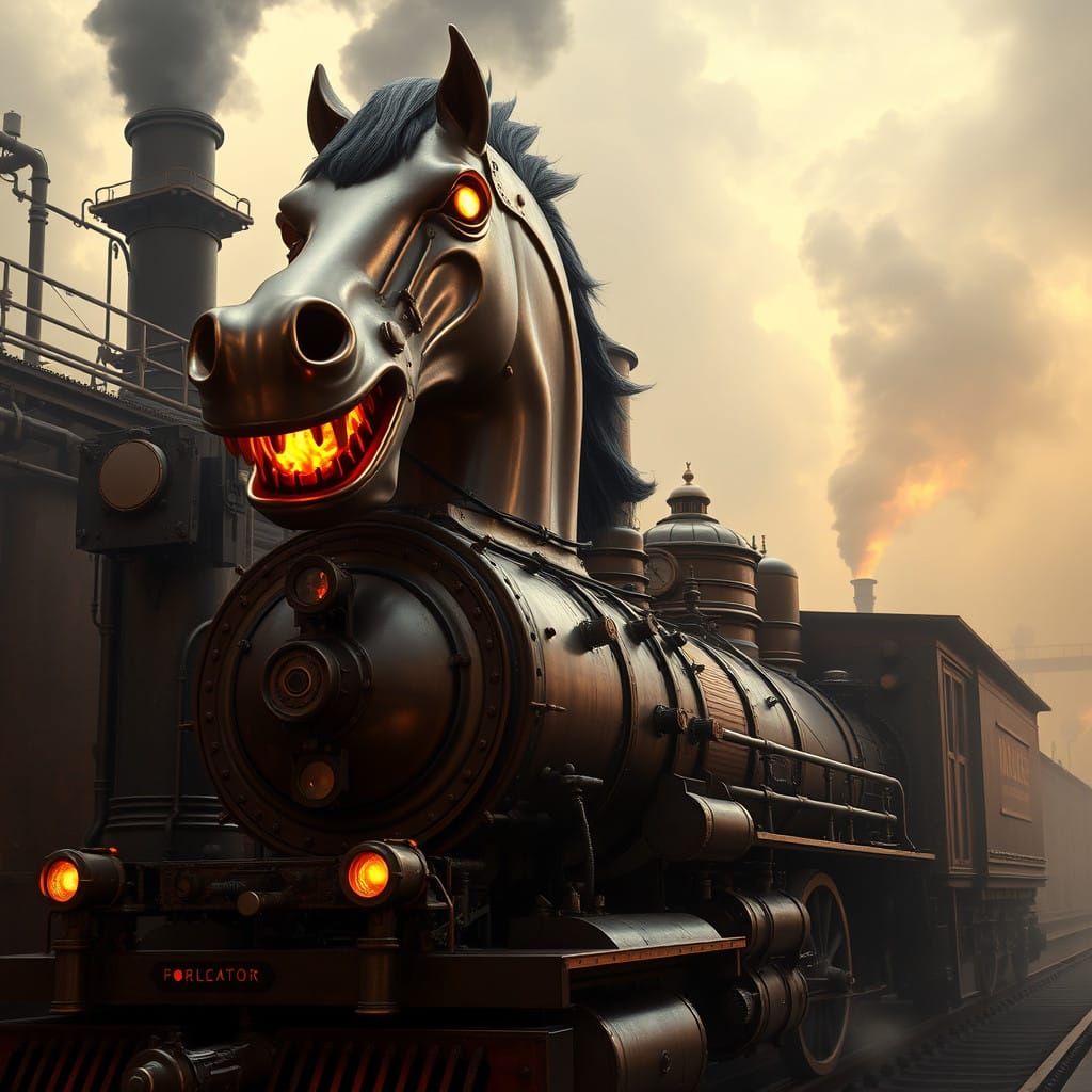 Majestic, copper-plated steam engine with a colossal, rearing fire ...