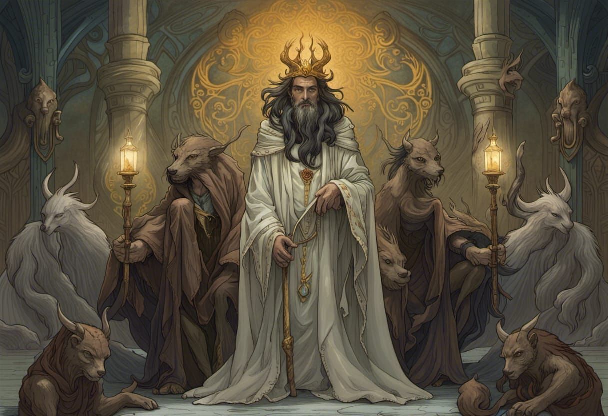 a very small mutant creature in robes in front of a king in white robes ...