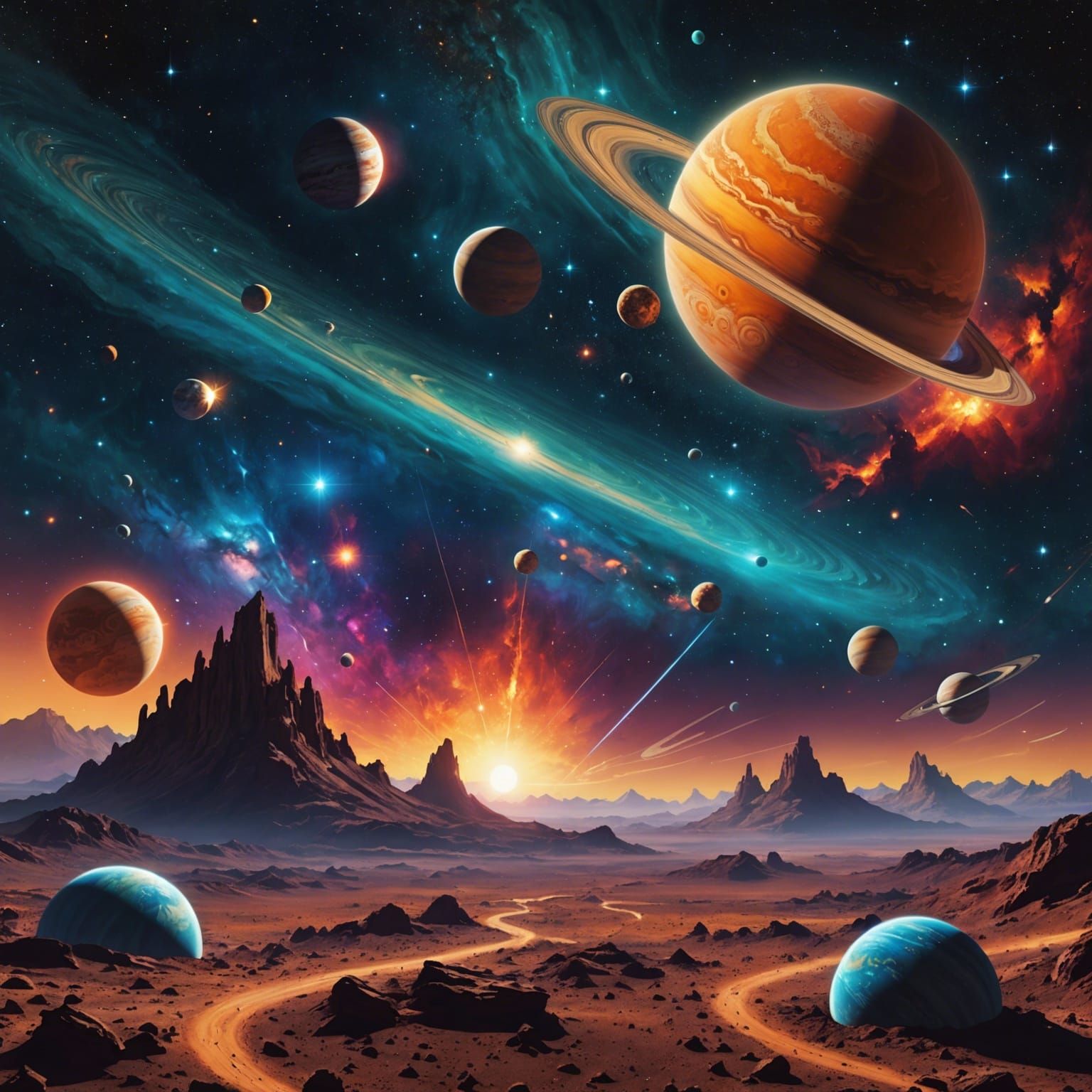 Illustrate a scene from the cosmos, featuring planets, stars, galaxies ...