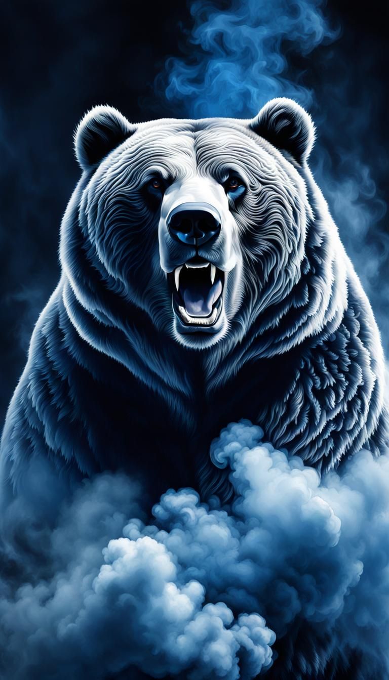 A photograph portrait of a fuzzy Blue Sapphire obese Bear, In darkness ...