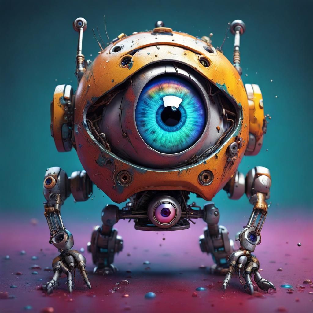 eyeball of a creepy robot full body. Hyper realistic, splash art ...