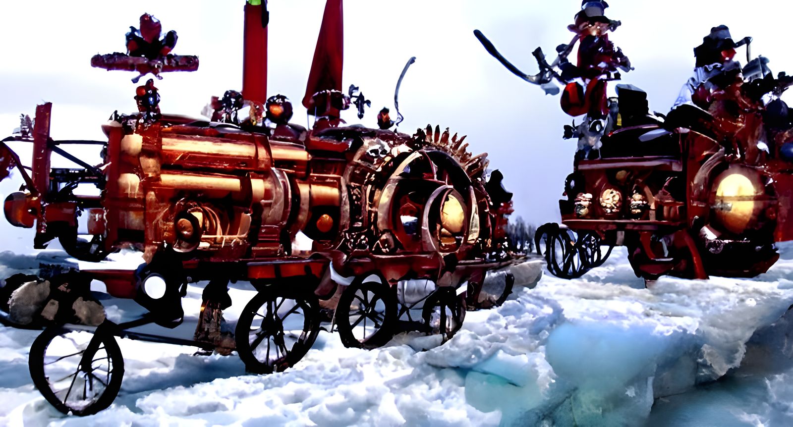 Ice Steampunk wagon train navigating the north pole steampunk engine ...