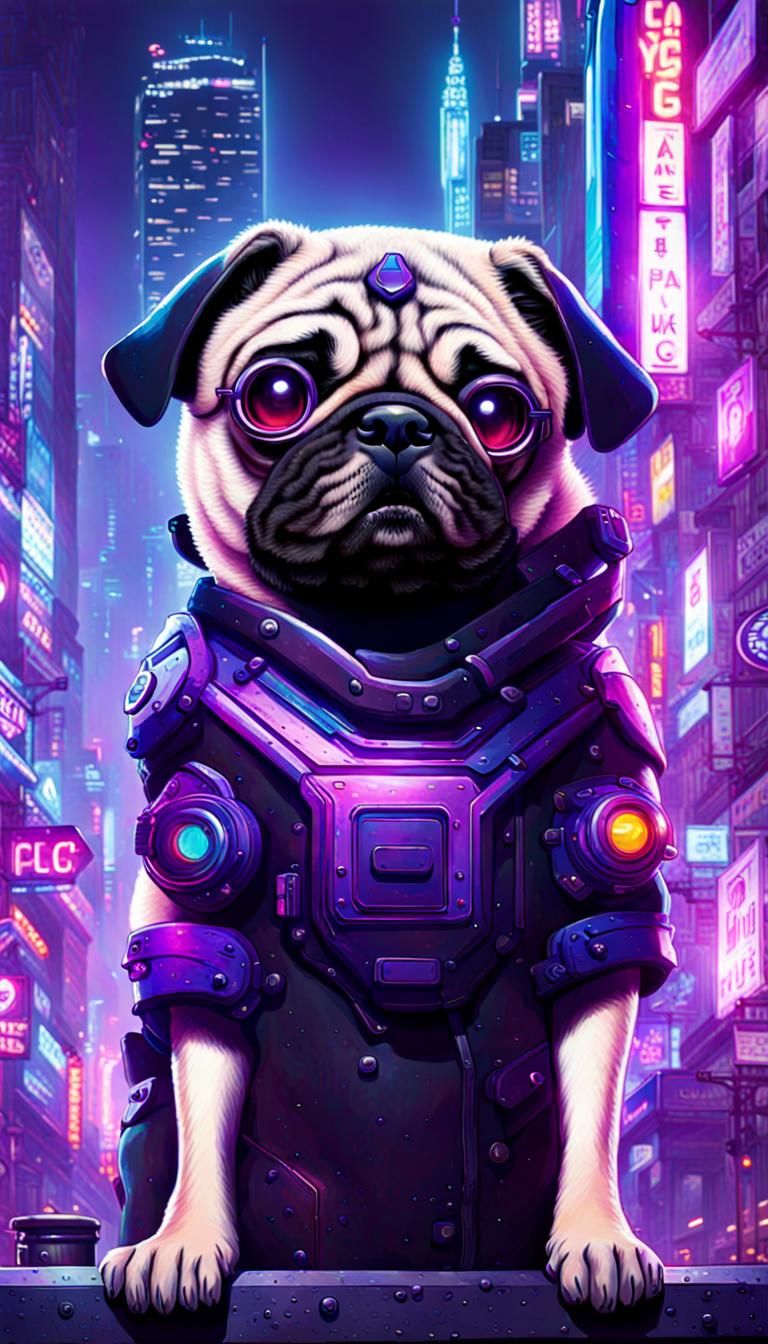 A cyberpunk world were a pug is blurple - AI Generated Artwork ...