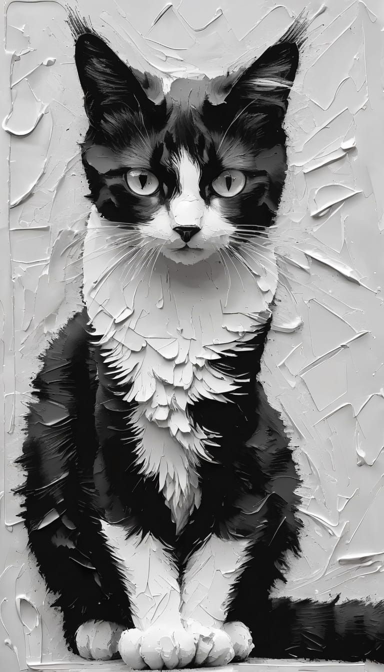 Black and white Impasto of a Cat - Black and white Impasto o...