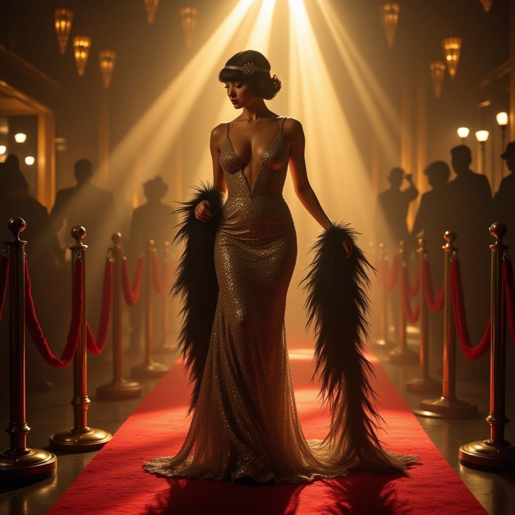 A glamorous 1920s flapper stepping onto a red carpet under golden era spotlights.