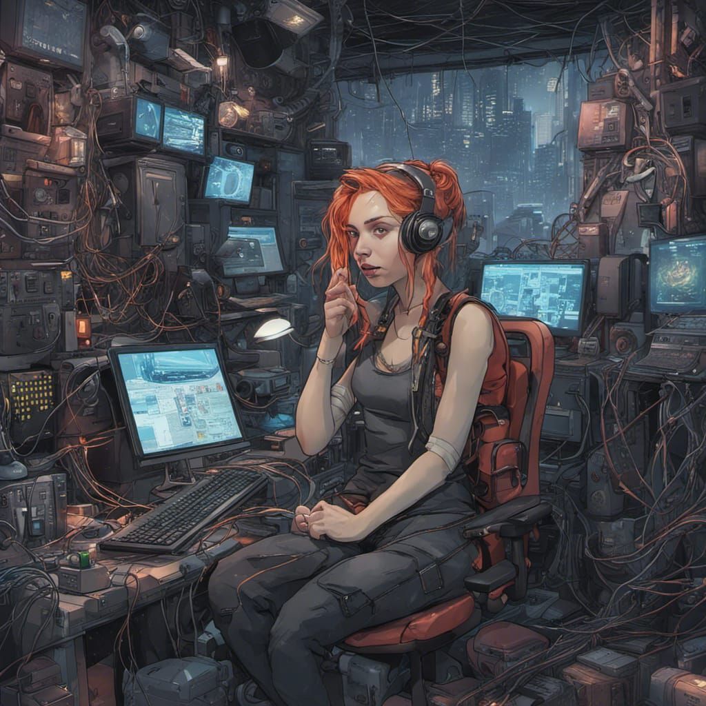 Crimson Connections The Cozy Den of a Young Red-Haired Netrunner