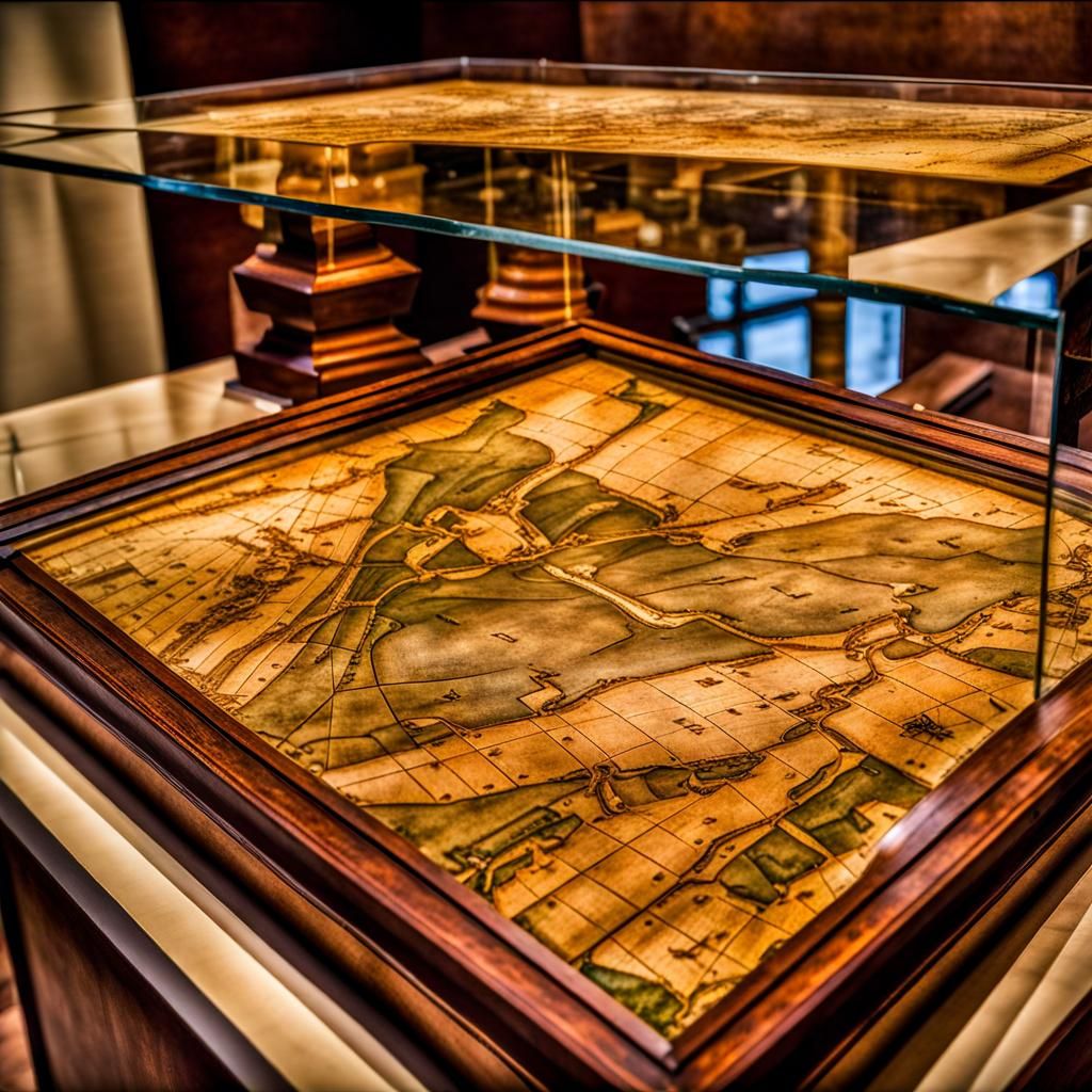 an old tattered papyrus map in a glass museum display case; map ...